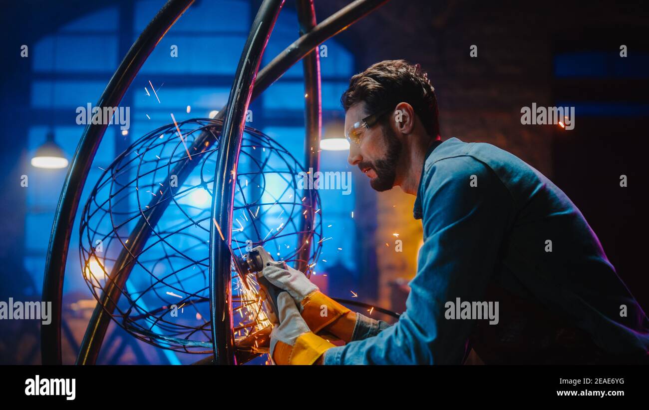 Talented Emerging Male Artist Uses an Disc Grinder to Make an Abstract ...