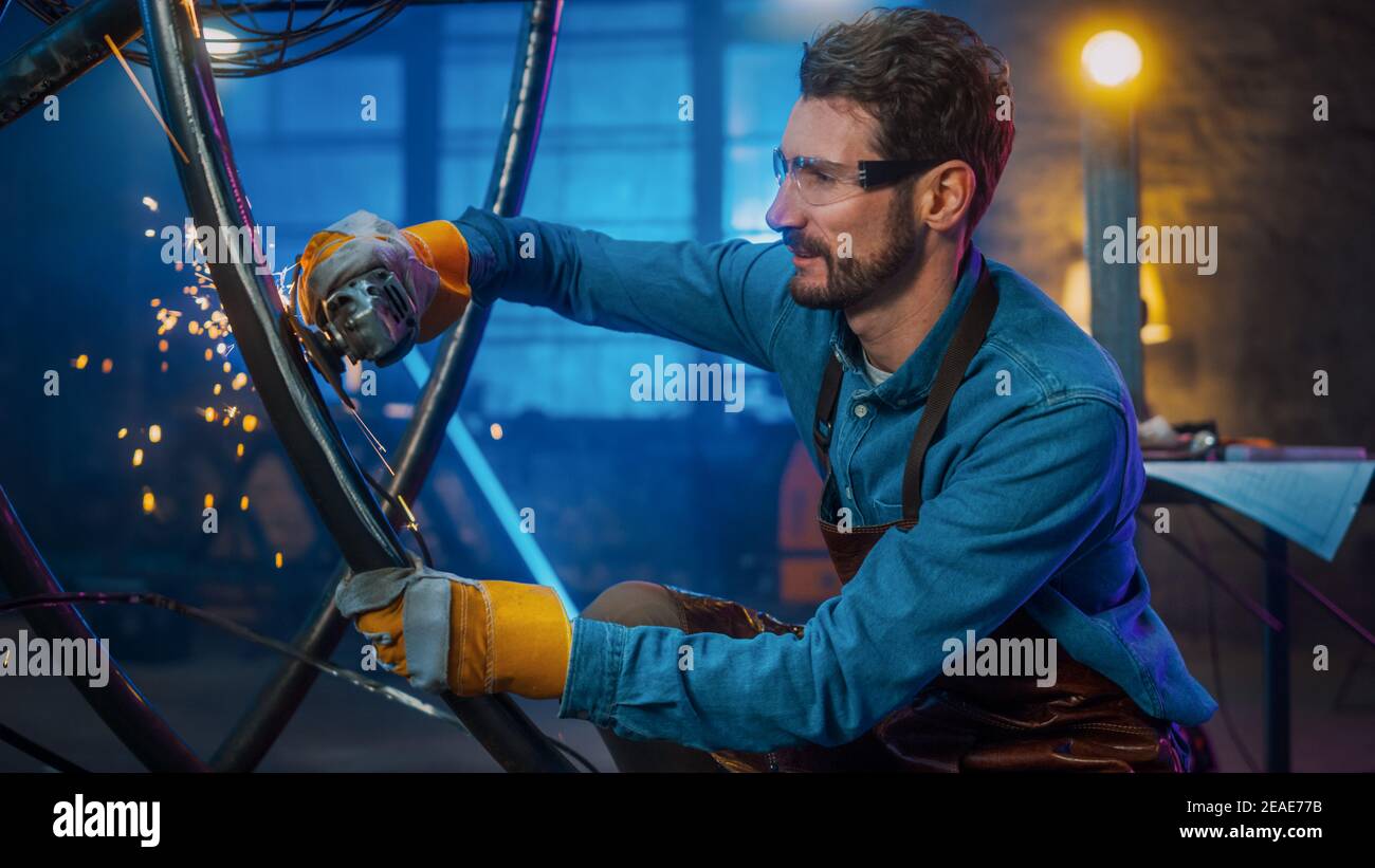Handsome Male Artist Uses an Angle Grinder to Make Modern Brutal Metal ...