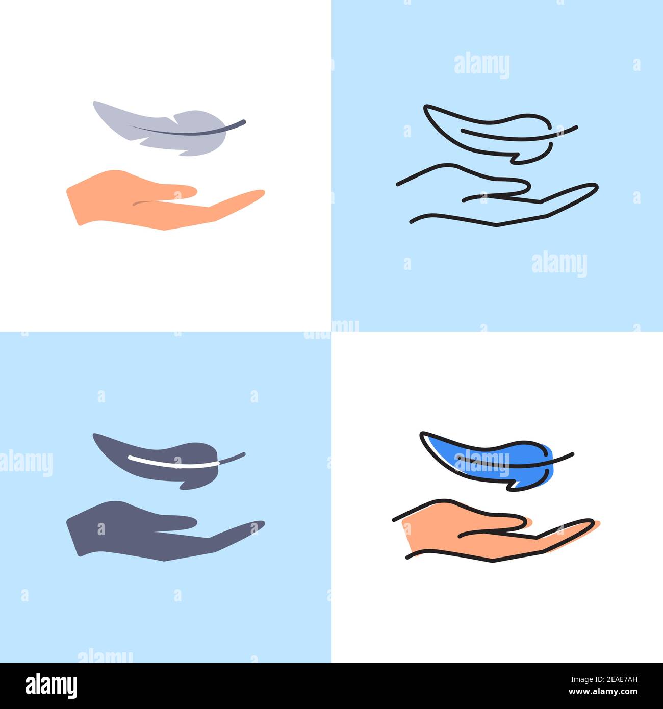Hand and feather icon set in flat and line styles. Softness concept ...