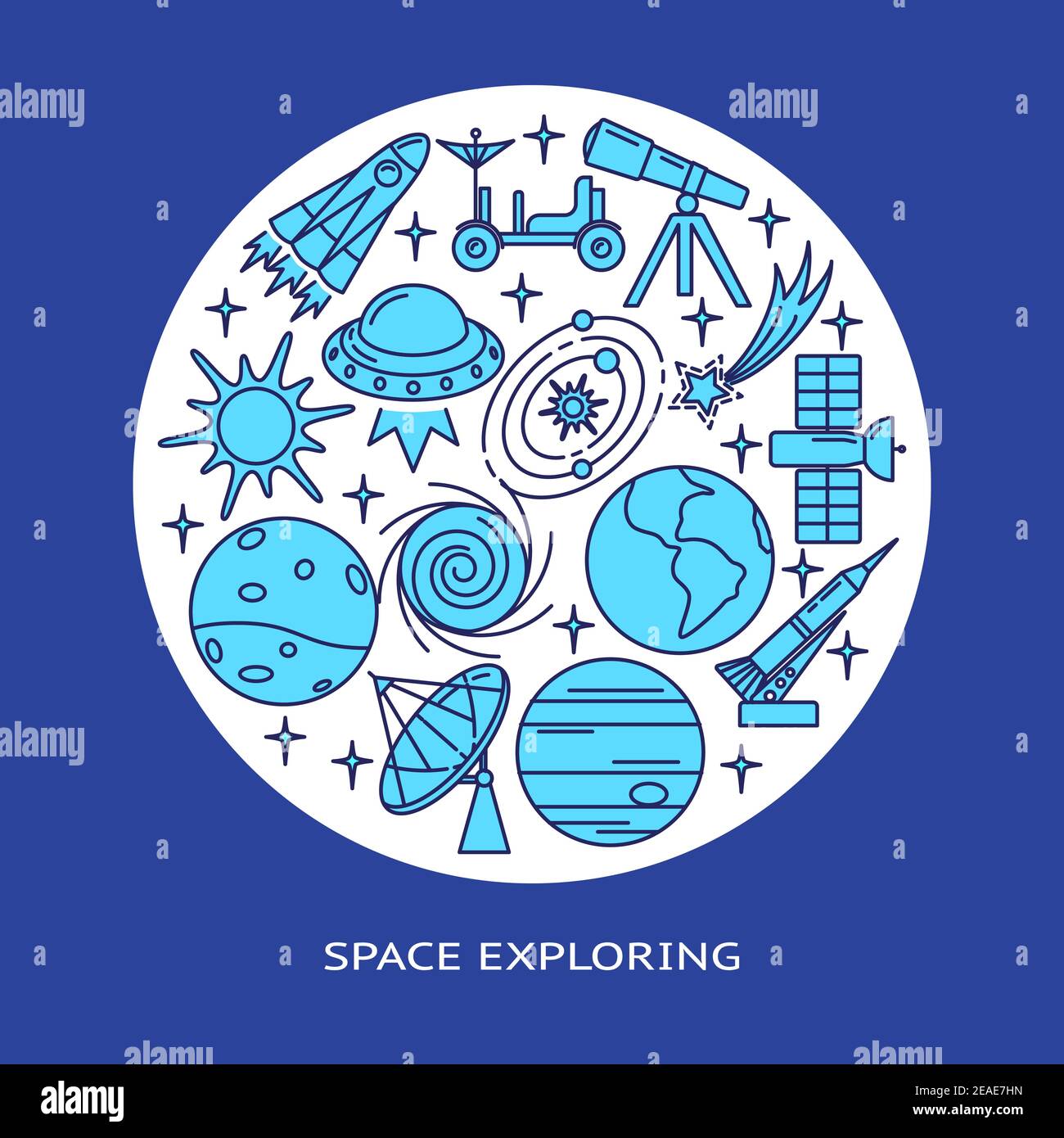 Space elements round concept banner in line style with place for text ...
