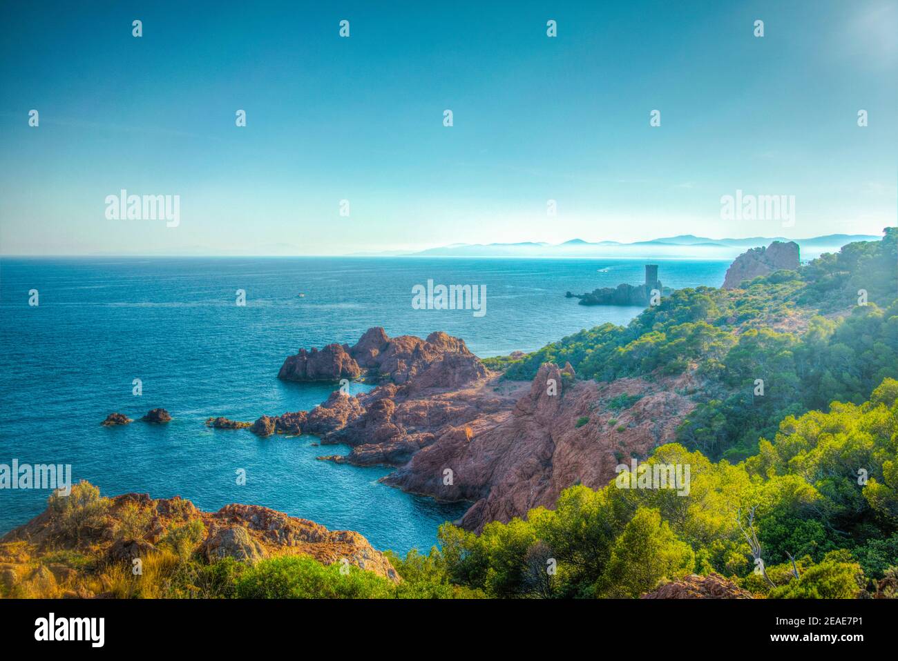 An observation tower on a small islet near cap du dramont in France ...