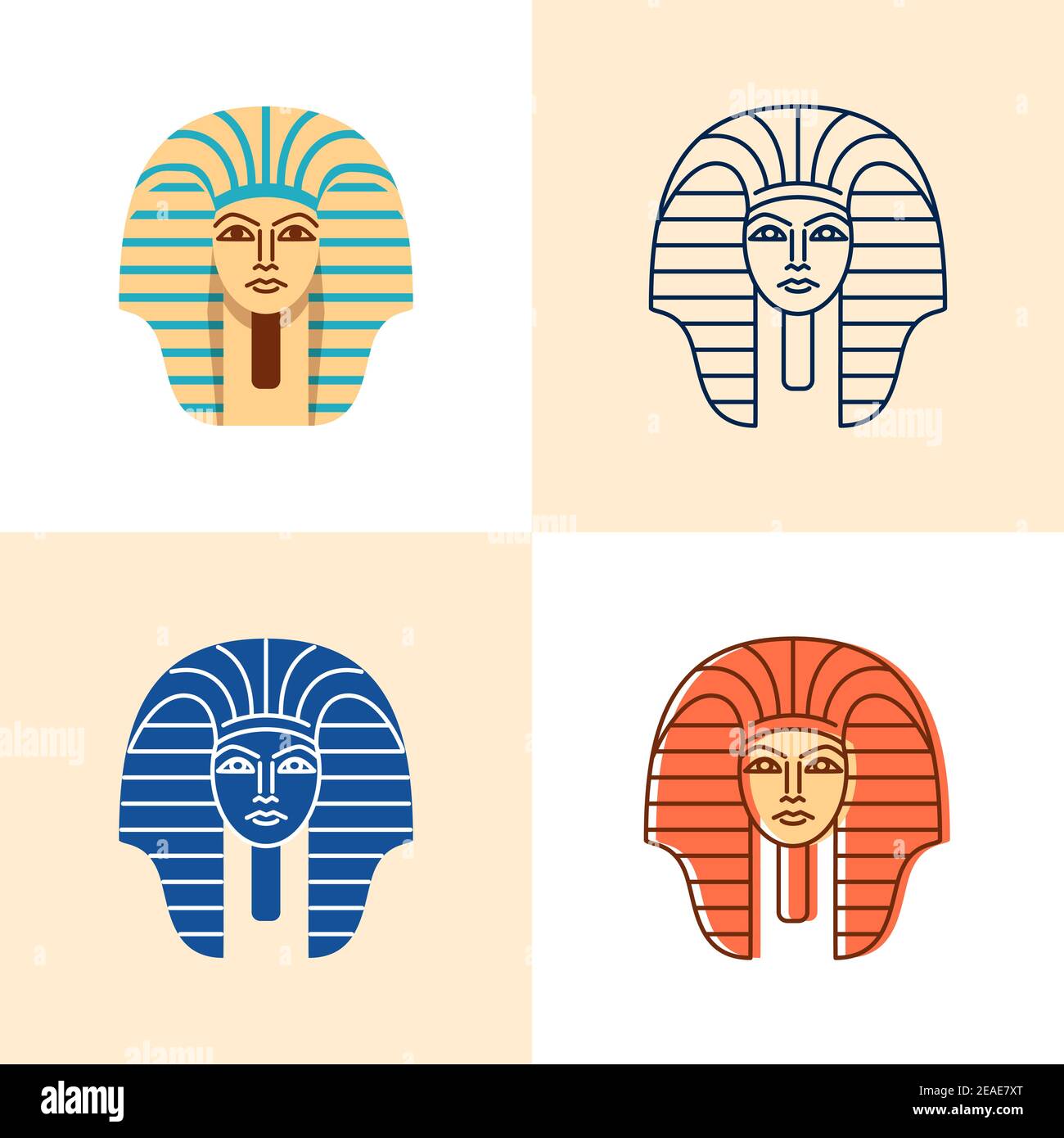 Egyptian pharaoh icon set in flat and line style. Ancient statue golden ...