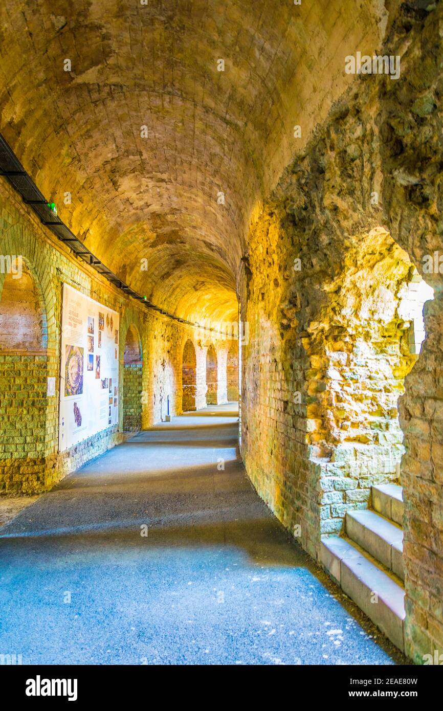 Corridor inside of the roman amphitheater in Frejus, France Stock Photo ...