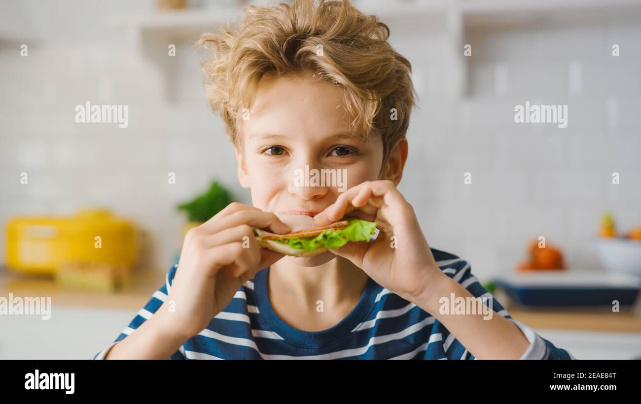 Portrait of the Cute Little Boy Eating Sandwich at the Kitchen Table ...