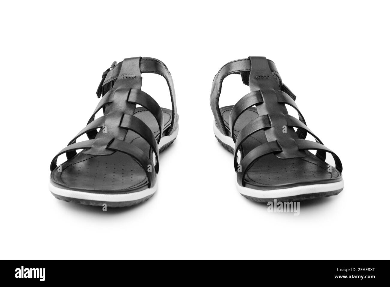 Black female sandals on white background isolated closeup front view ...