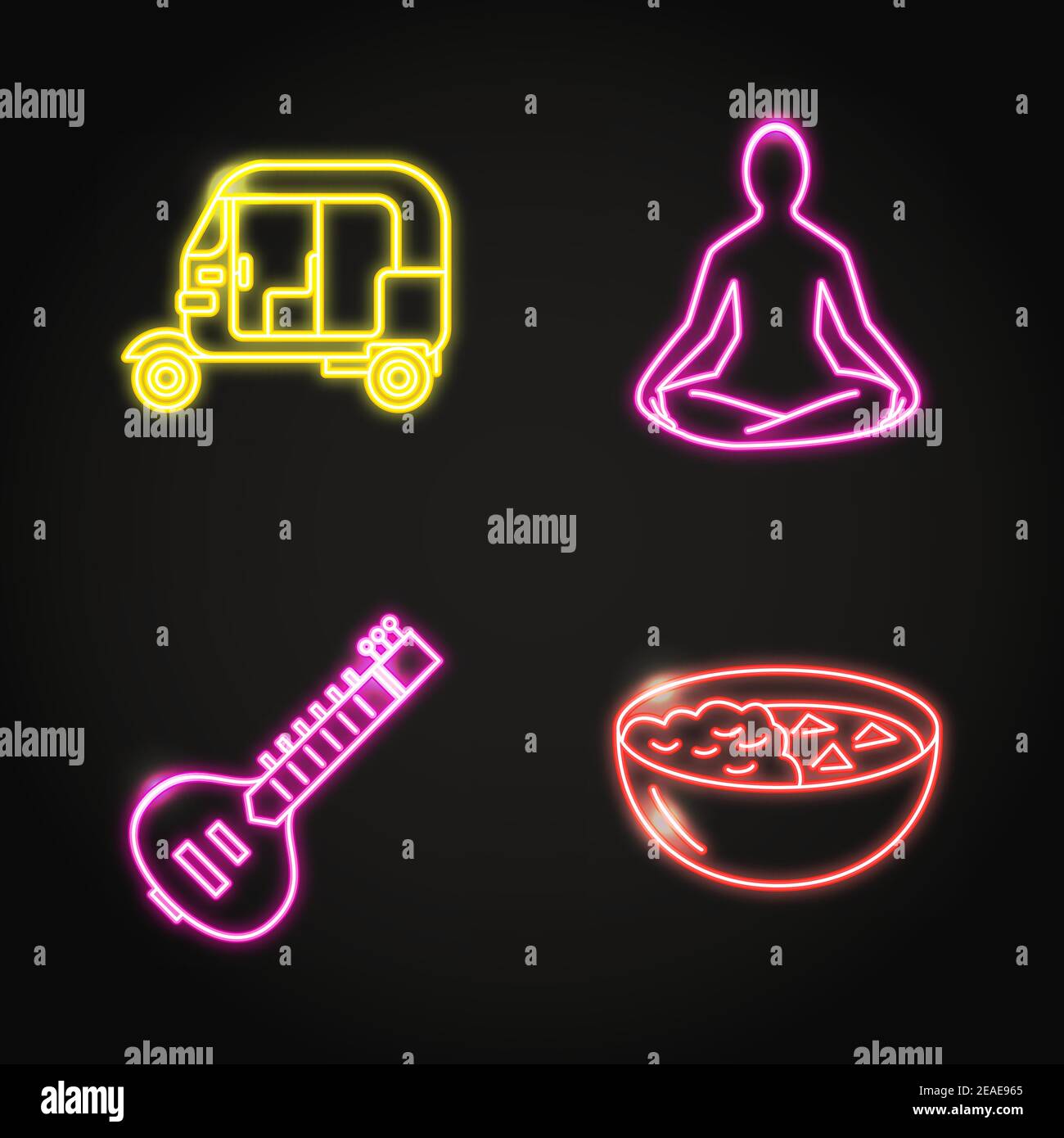 India icons set in glowing neon style. Traditional symbols including ...