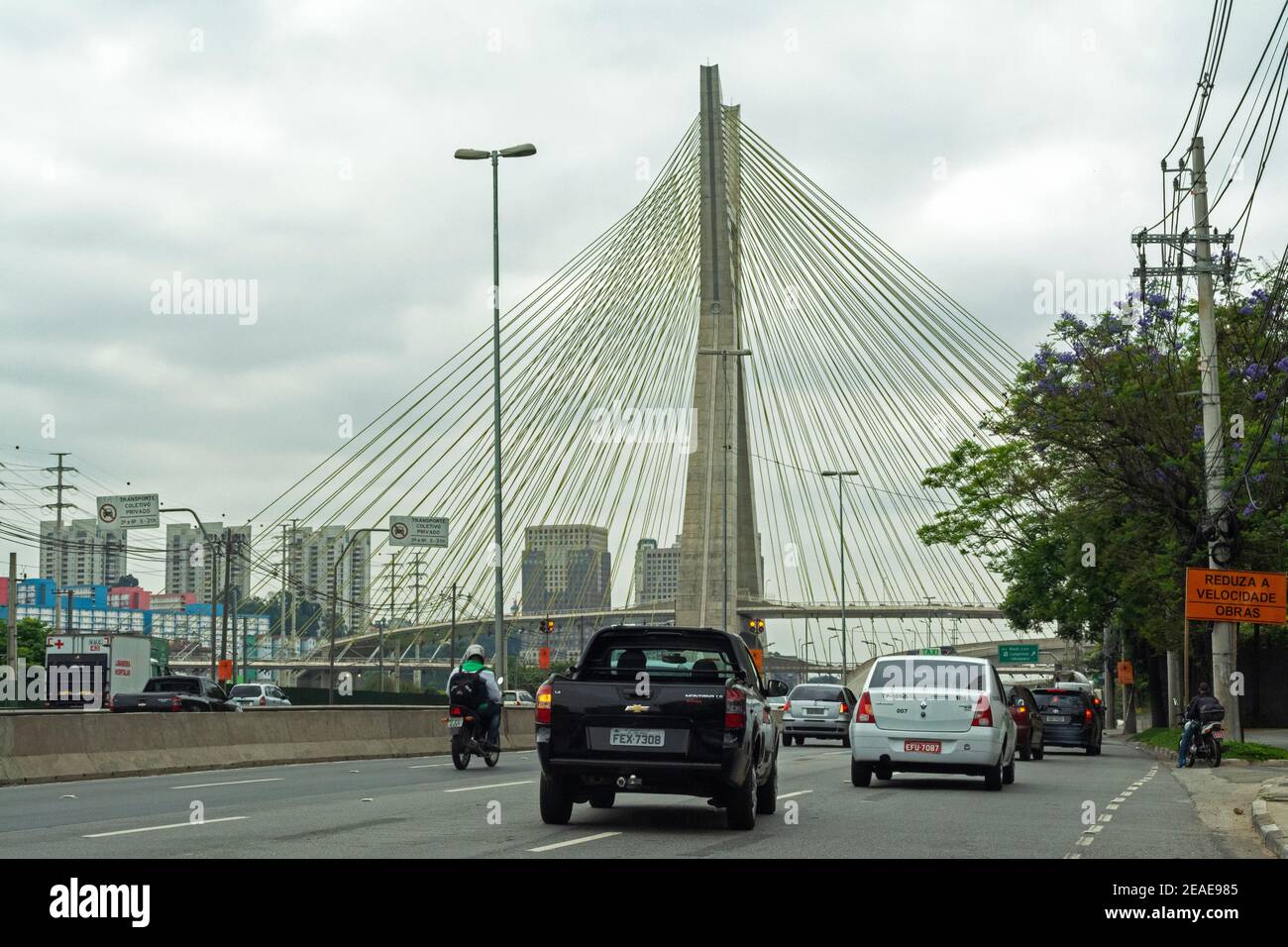 The cable-stayed Octavio Frias de Oliveira bridge over the polluted ...