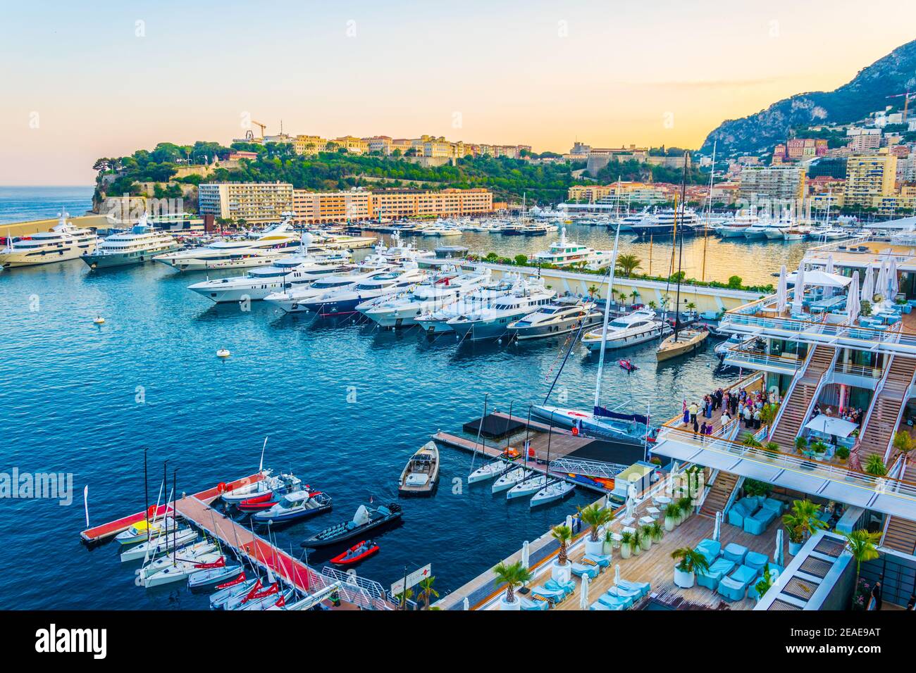 Old town of Monaco overlooking port Hercule during sunset Stock Photo ...