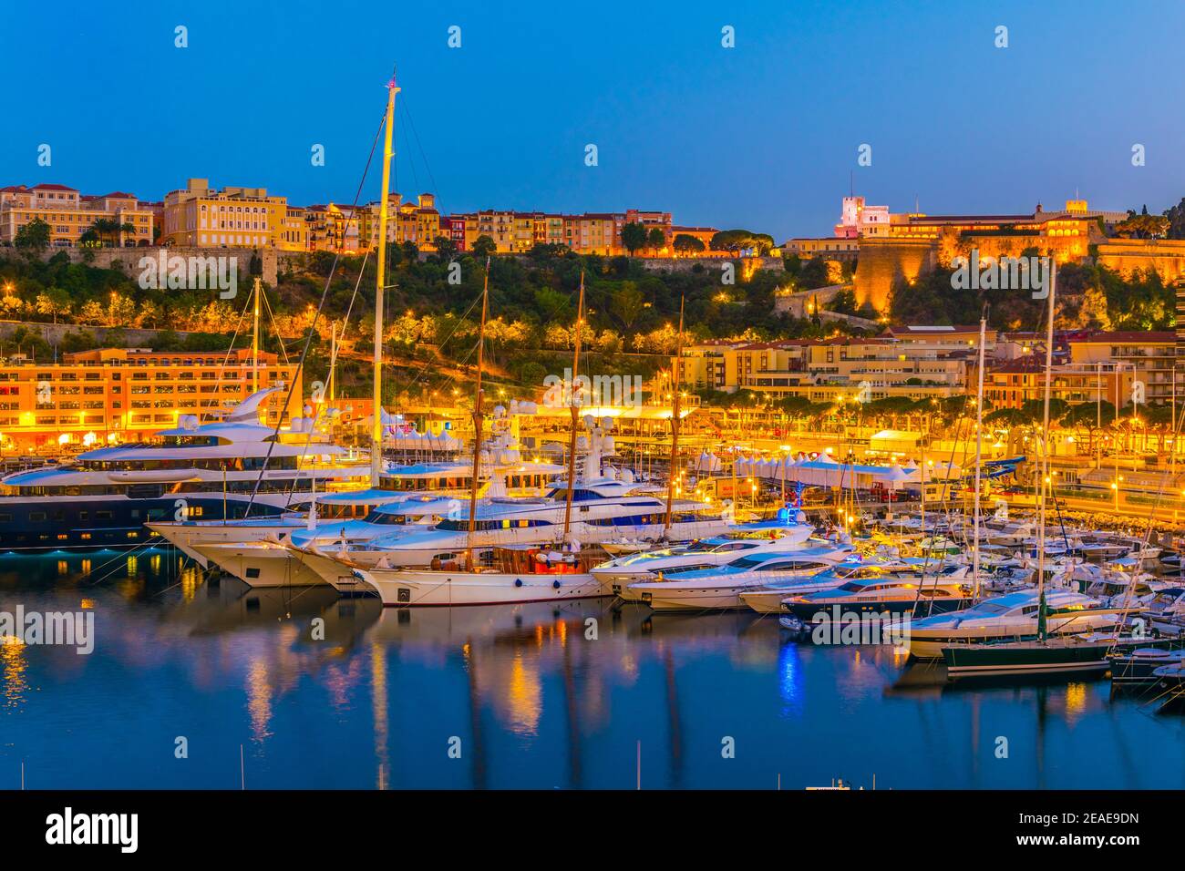 Old town of Monaco overlooking port Hercule during sunset Stock Photo ...