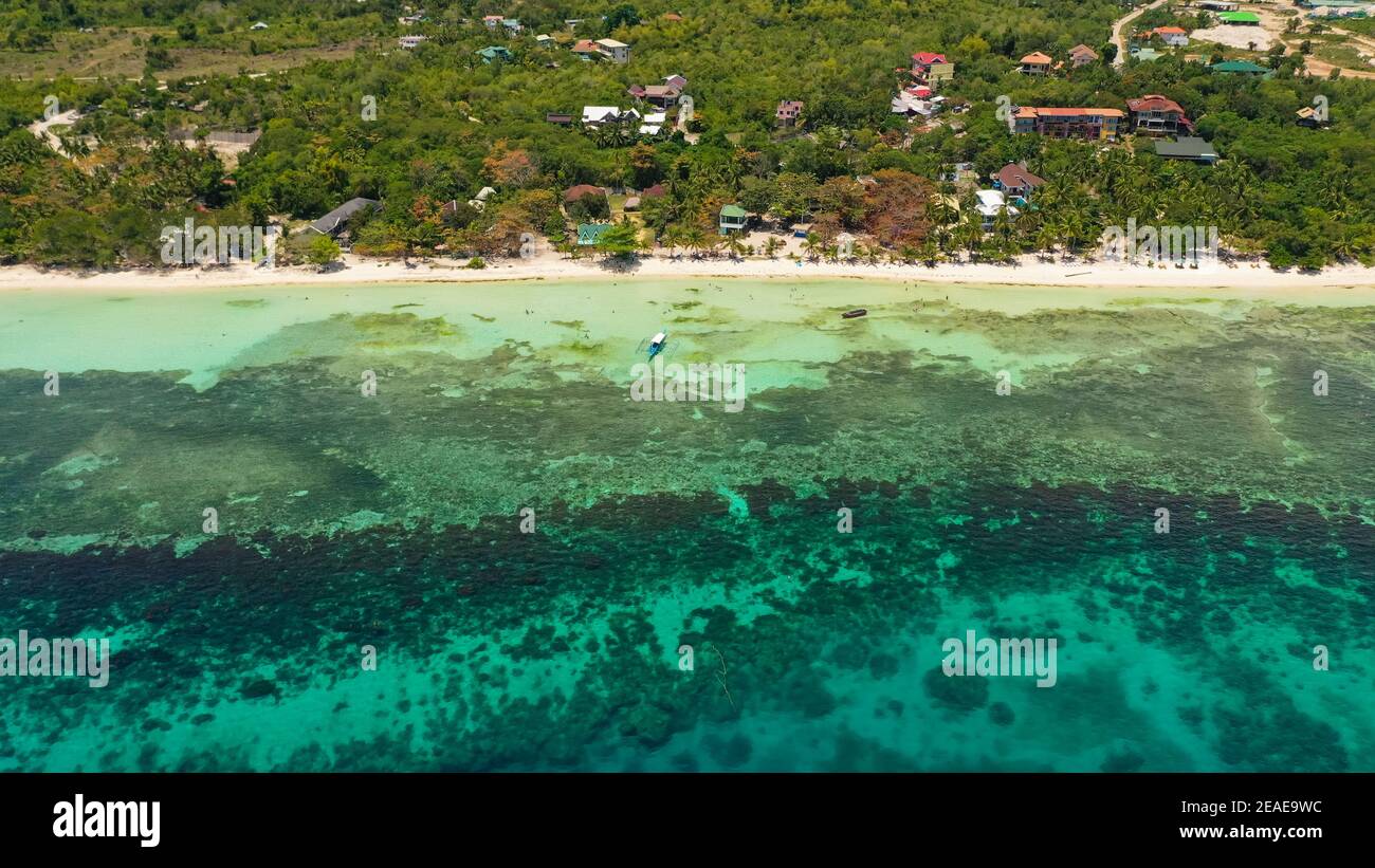 Aerial drone of coast, turquoise sea and sand beach. Panglao island ...