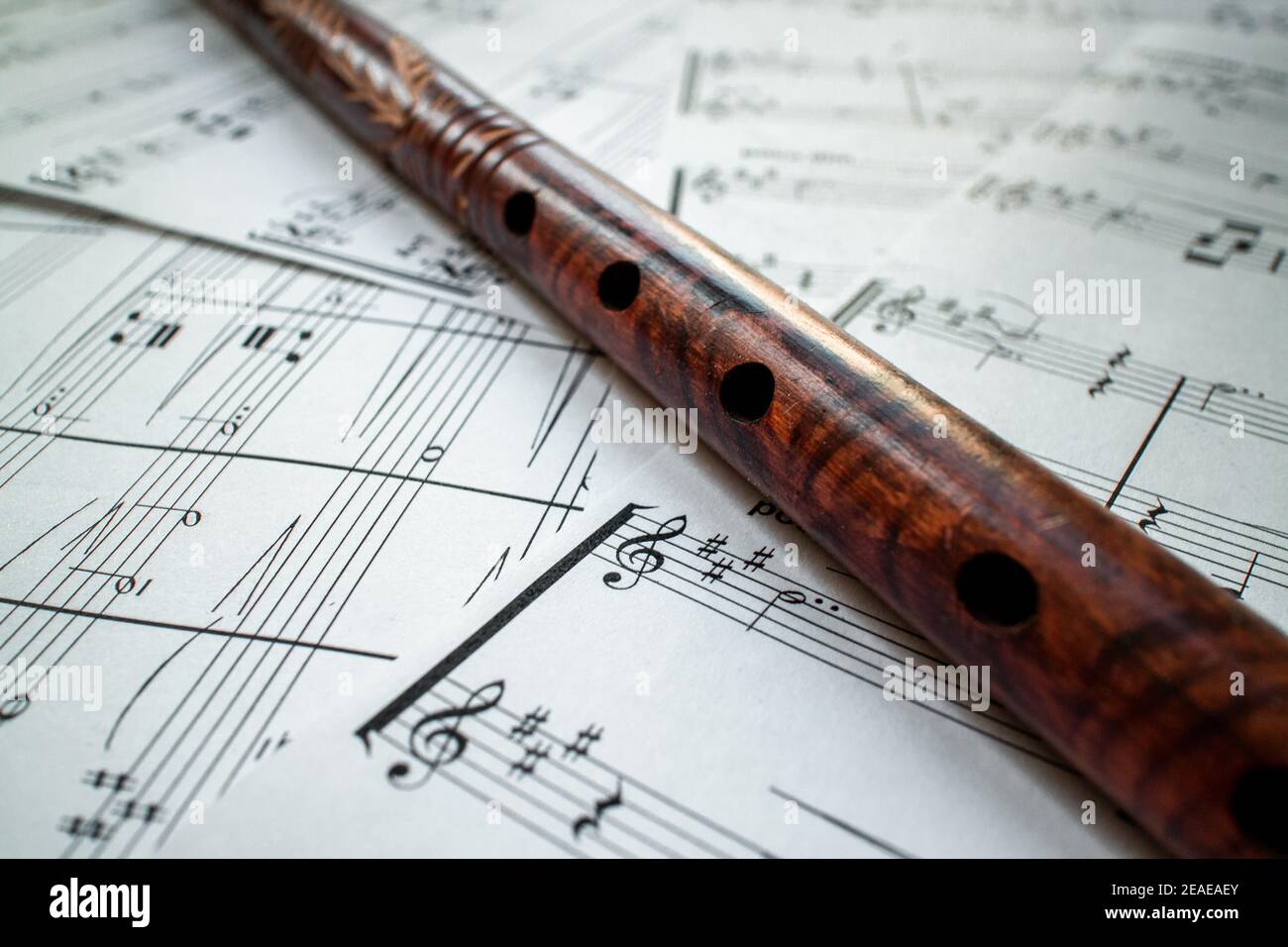 Vintage brown flute with patterns, on white notes with notes Stock ...
