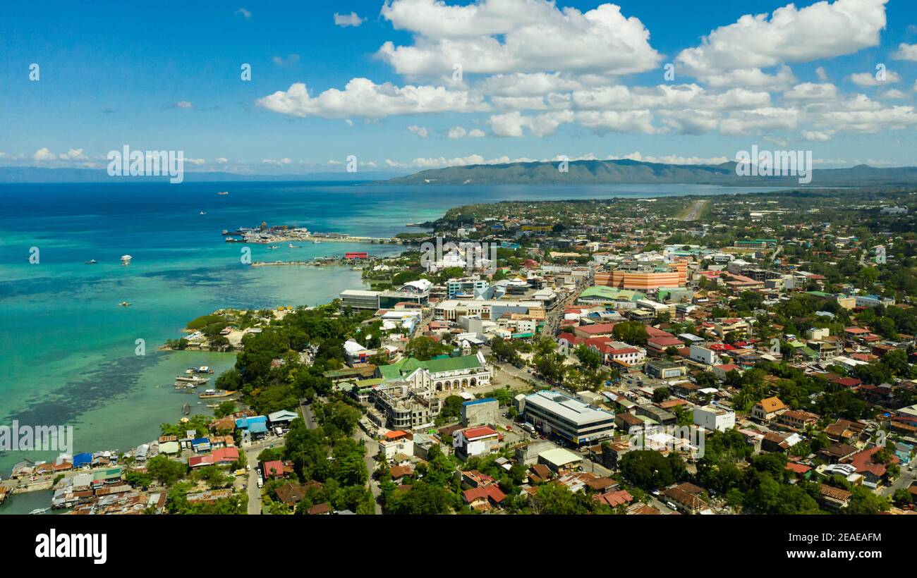 The modern city of Tagbilaran with a seaport and buildings. The capital ...