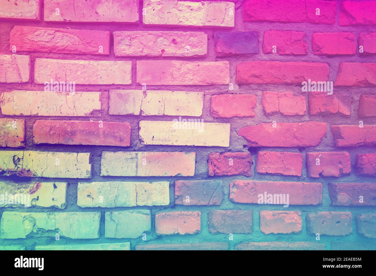 Brick wall background. Handmade clay brick. Hot pink green gradient ...