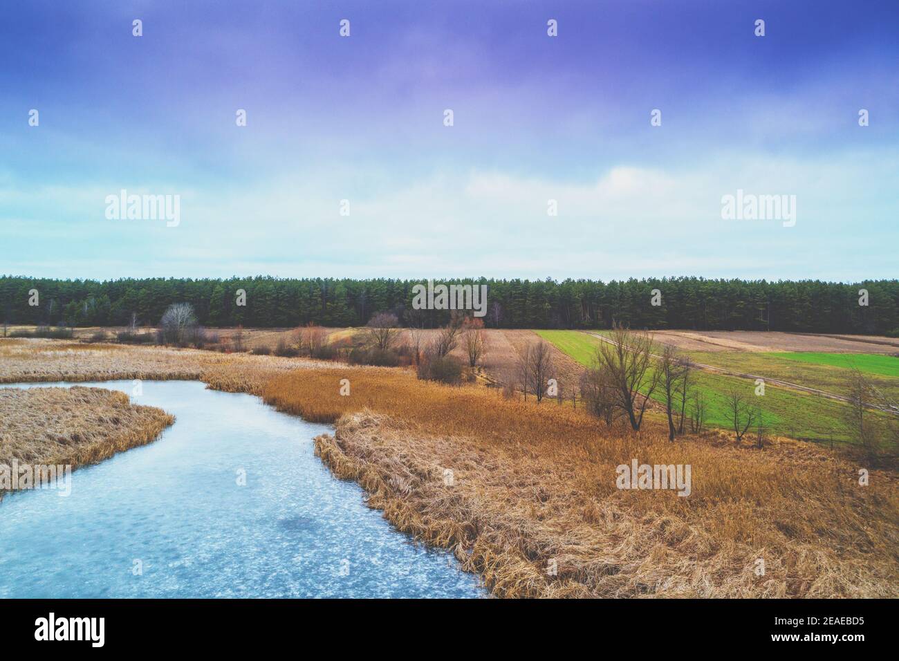 Aerial view of the countryside and frozen in autumn. Beautiful nature ...