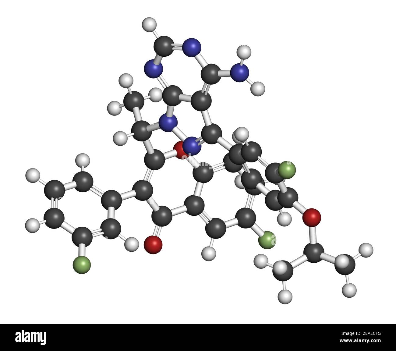 Umbralisib lymphoma drug molecule. 3D rendering. Atoms are represented ...