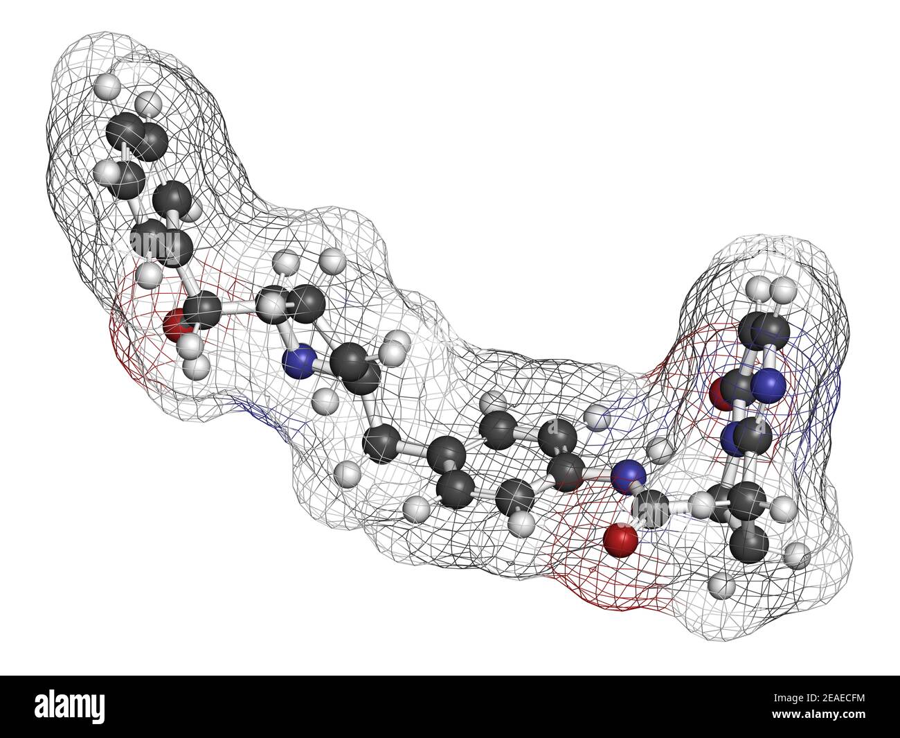 Vibegron drug molecule. 3D rendering. Atoms are represented as spheres ...