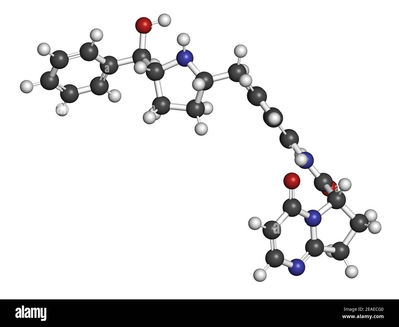 Vibegron drug molecule. 3D rendering. Atoms are represented as spheres ...