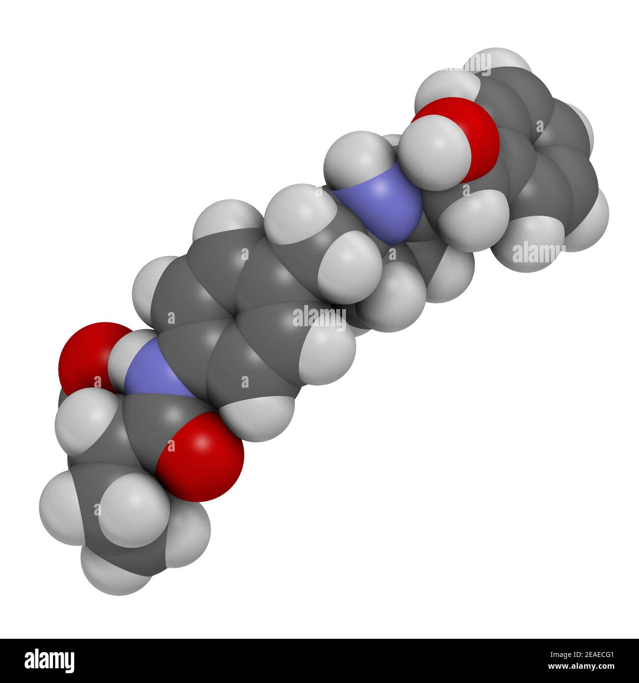 Vibegron drug molecule. 3D rendering. Atoms are represented as spheres ...