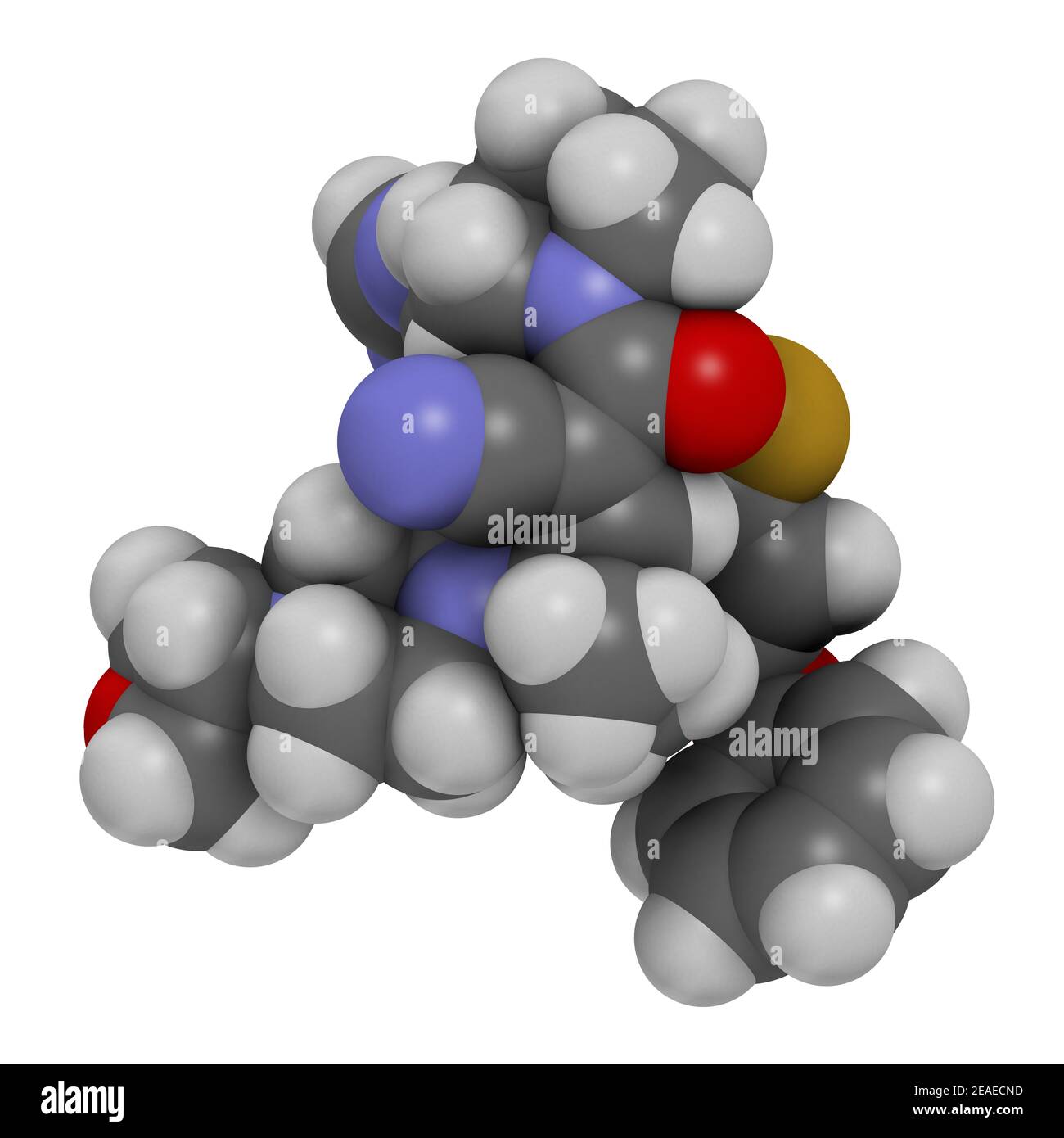 Rilzabrutinib drug molecule. 3D rendering. Atoms are represented as ...