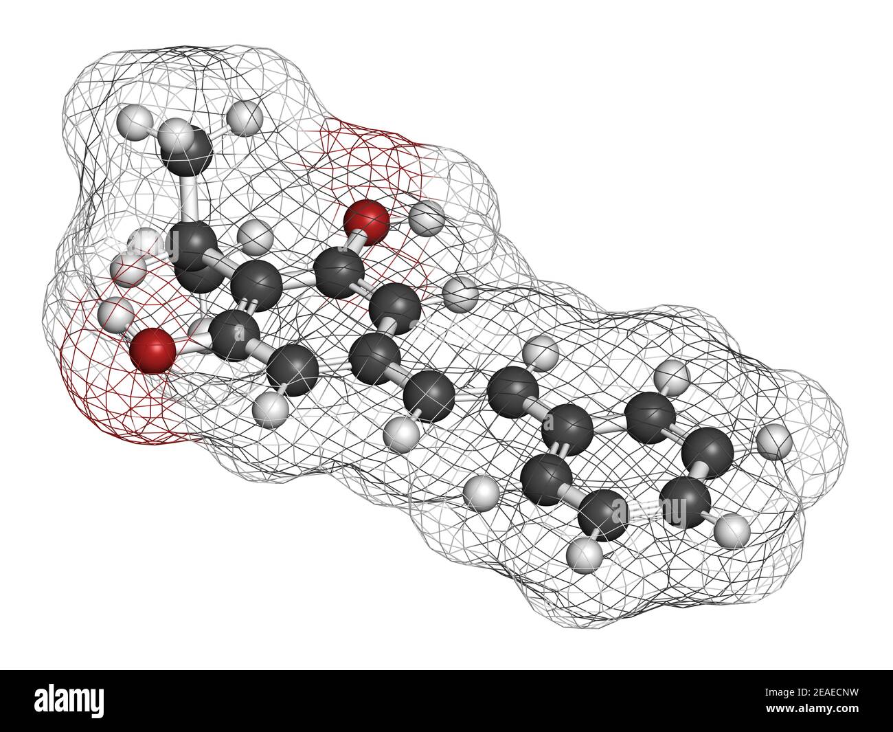 Benvitimod or tapinarof psoriasis drug molecule. 3D rendering. Atoms are represented as spheres ...