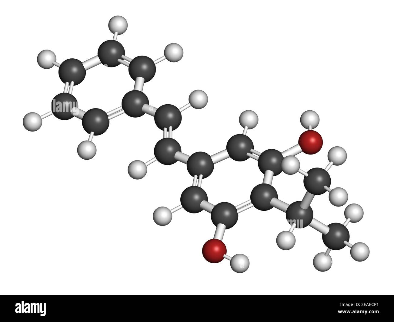 Benvitimod or tapinarof psoriasis drug molecule. 3D rendering. Atoms are represented as spheres ...