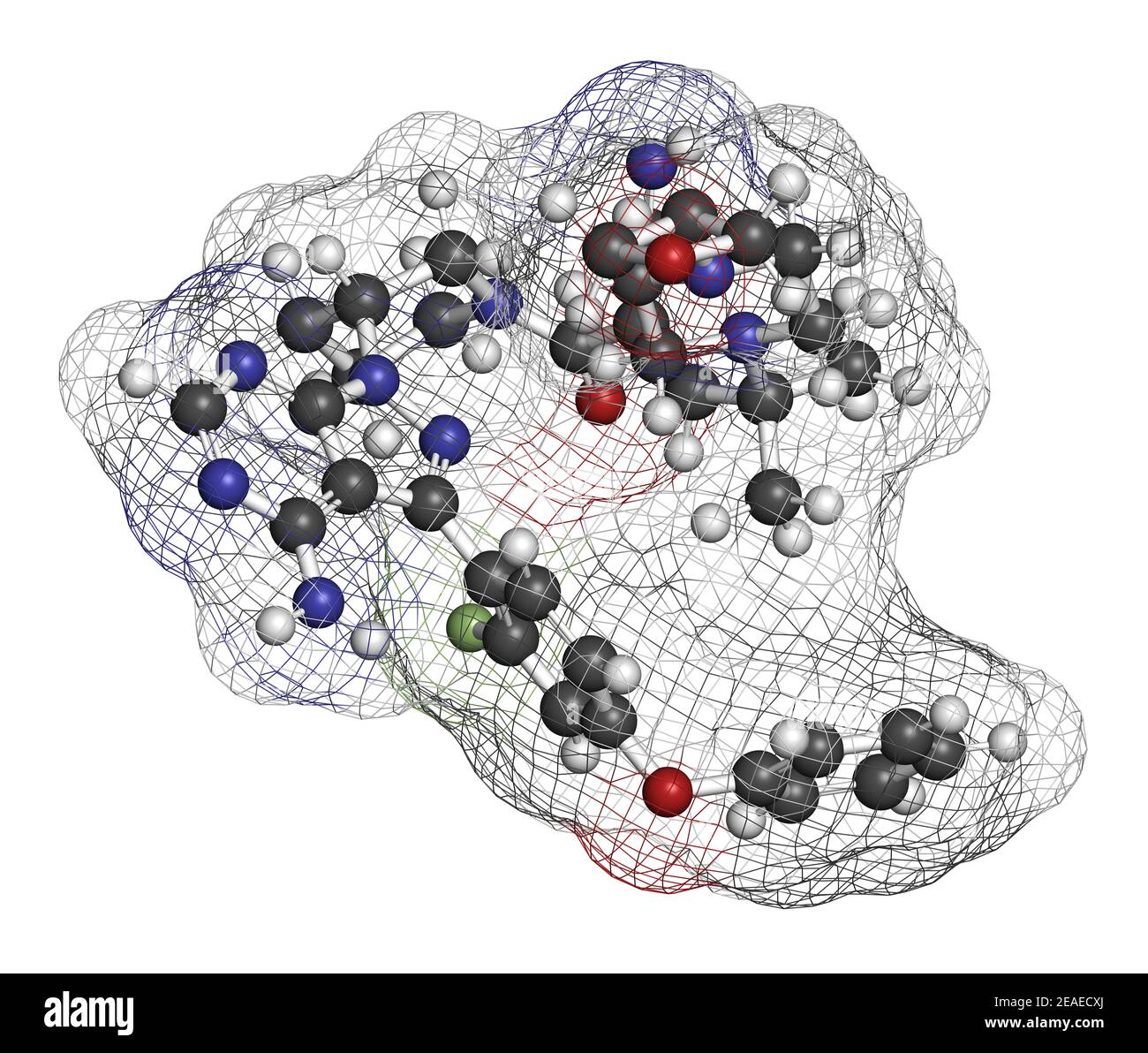 Rilzabrutinib drug molecule. 3D rendering. Atoms are represented as ...