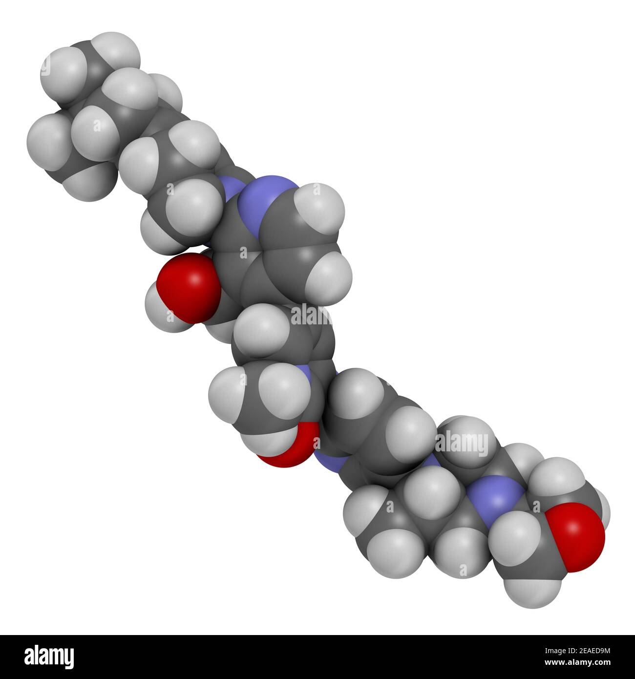 Fenebrutinib drug molecule. 3D rendering. Atoms are represented as ...