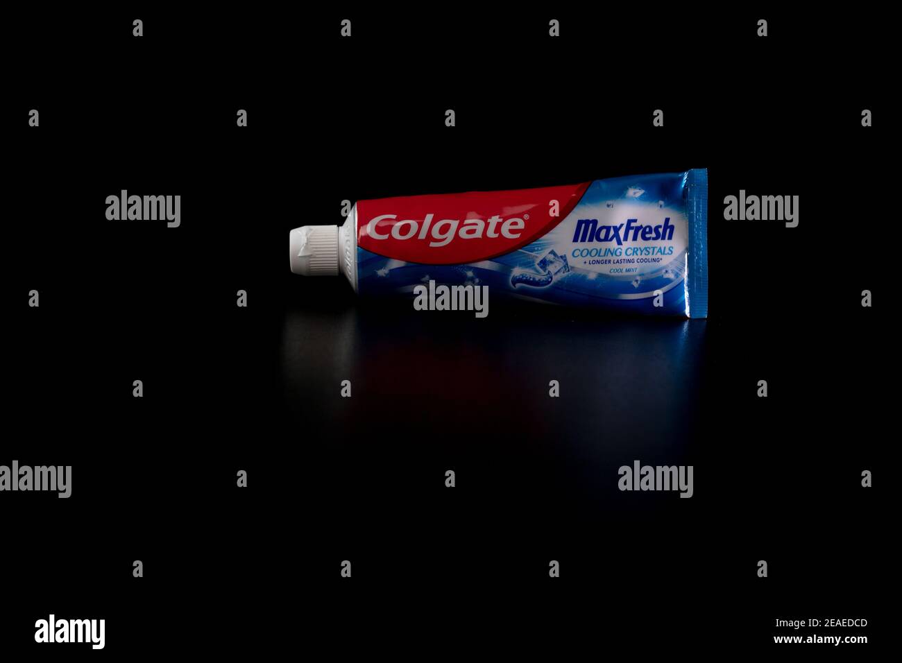 Colgate MaxFresh toothpaste tube on black background in Bucharest ...