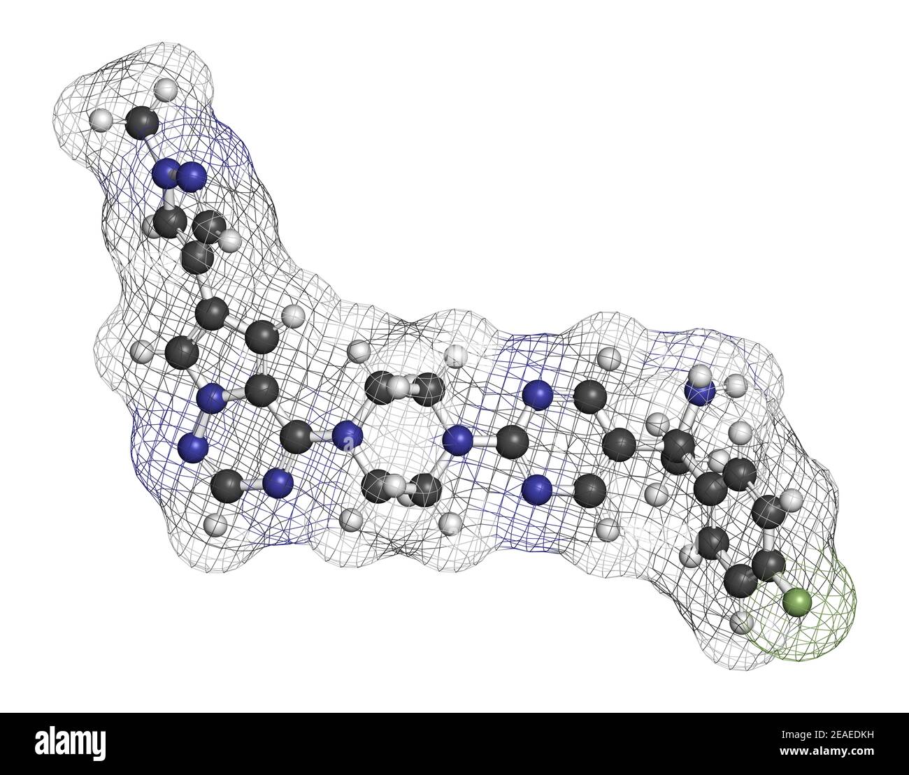 Avapritinib cancer drug molecule. 3D rendering. Atoms are represented as spheres with ...