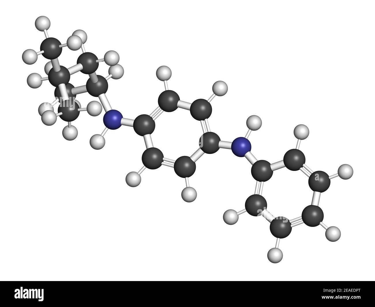 6PPD rubber additive molecule. Toxic to salmon. 3D rendering. Atoms are ...