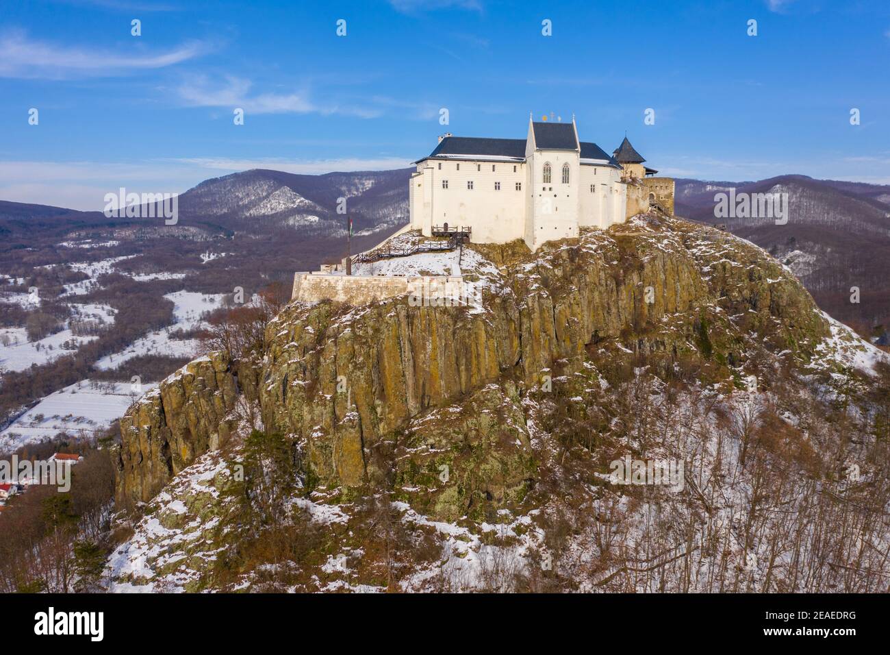 Füzér, Hungary - Aerial view of the famous castle of Fuzer built on a ...