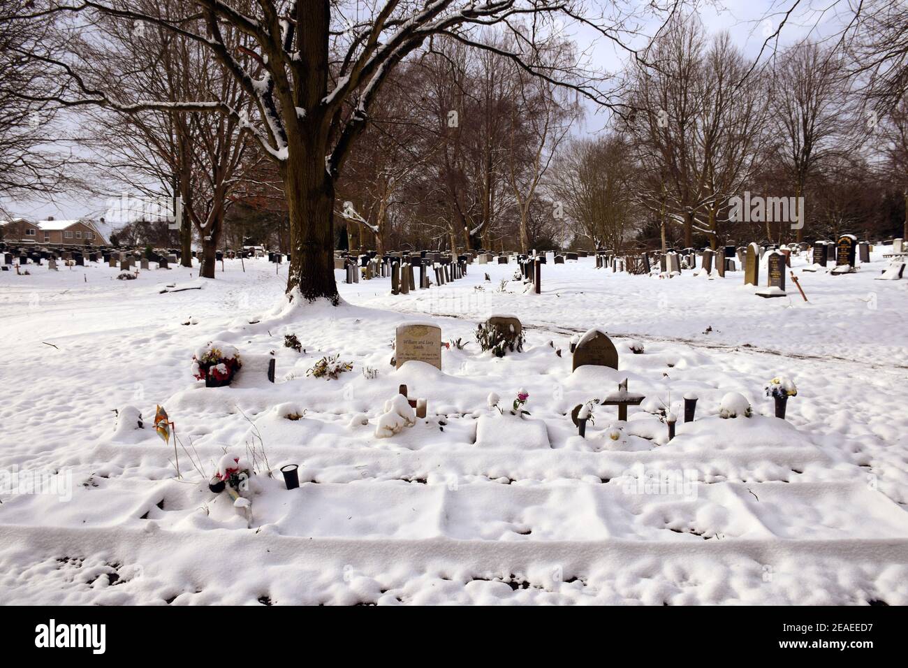 Snow comes to Norwich, UK February 2021. Rosary Cemetery - cremation ...