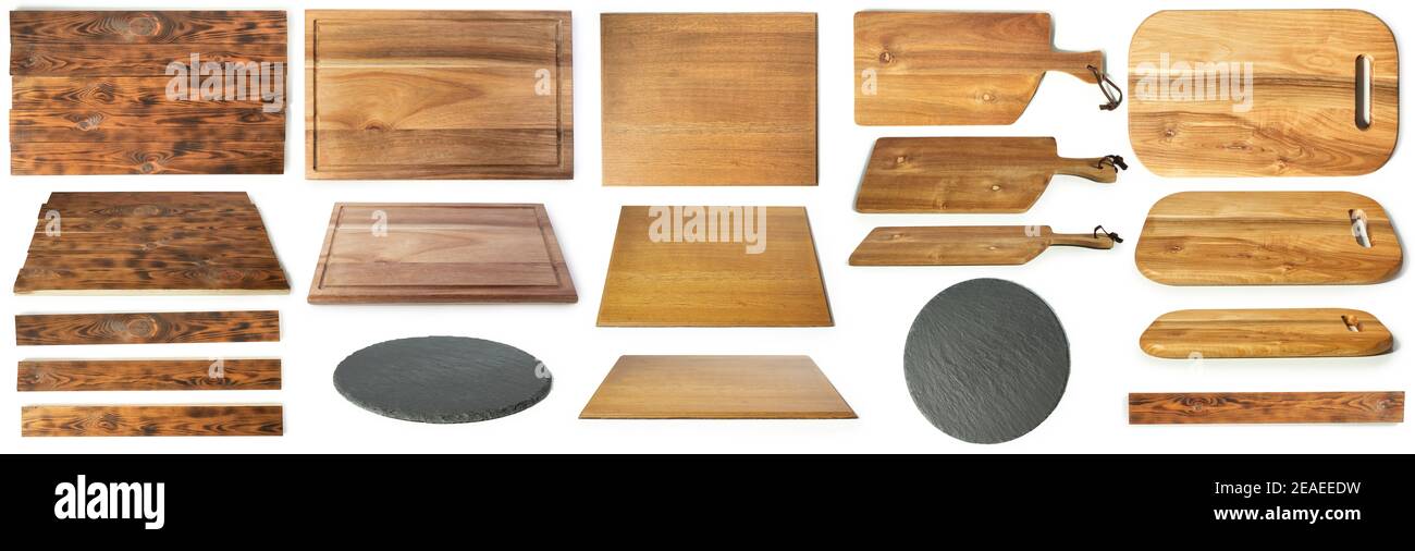 Set of different cutting wooden boards isolated on white background ...
