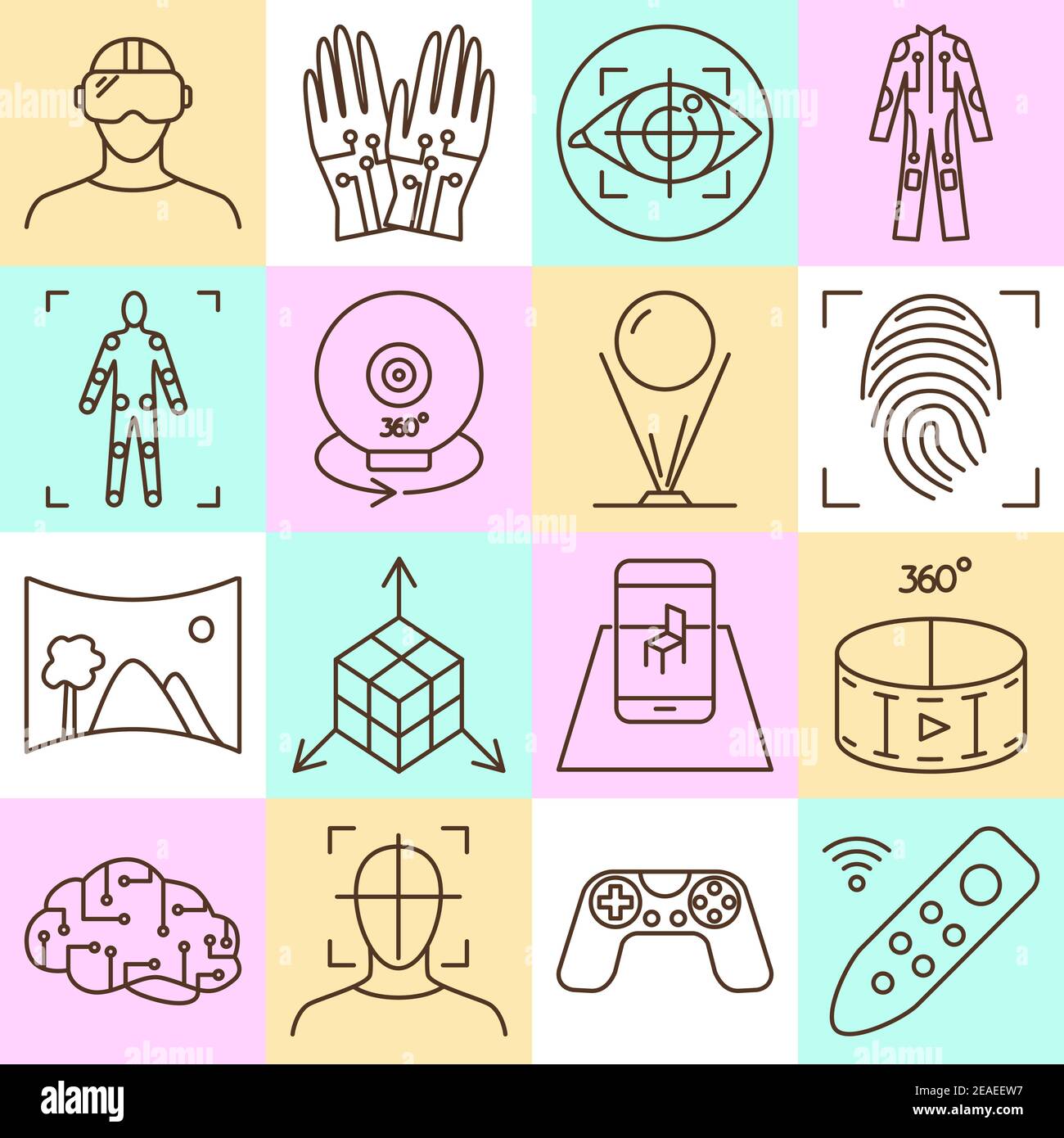 Virtual reality icon set in linear style. Modern computer technology ...