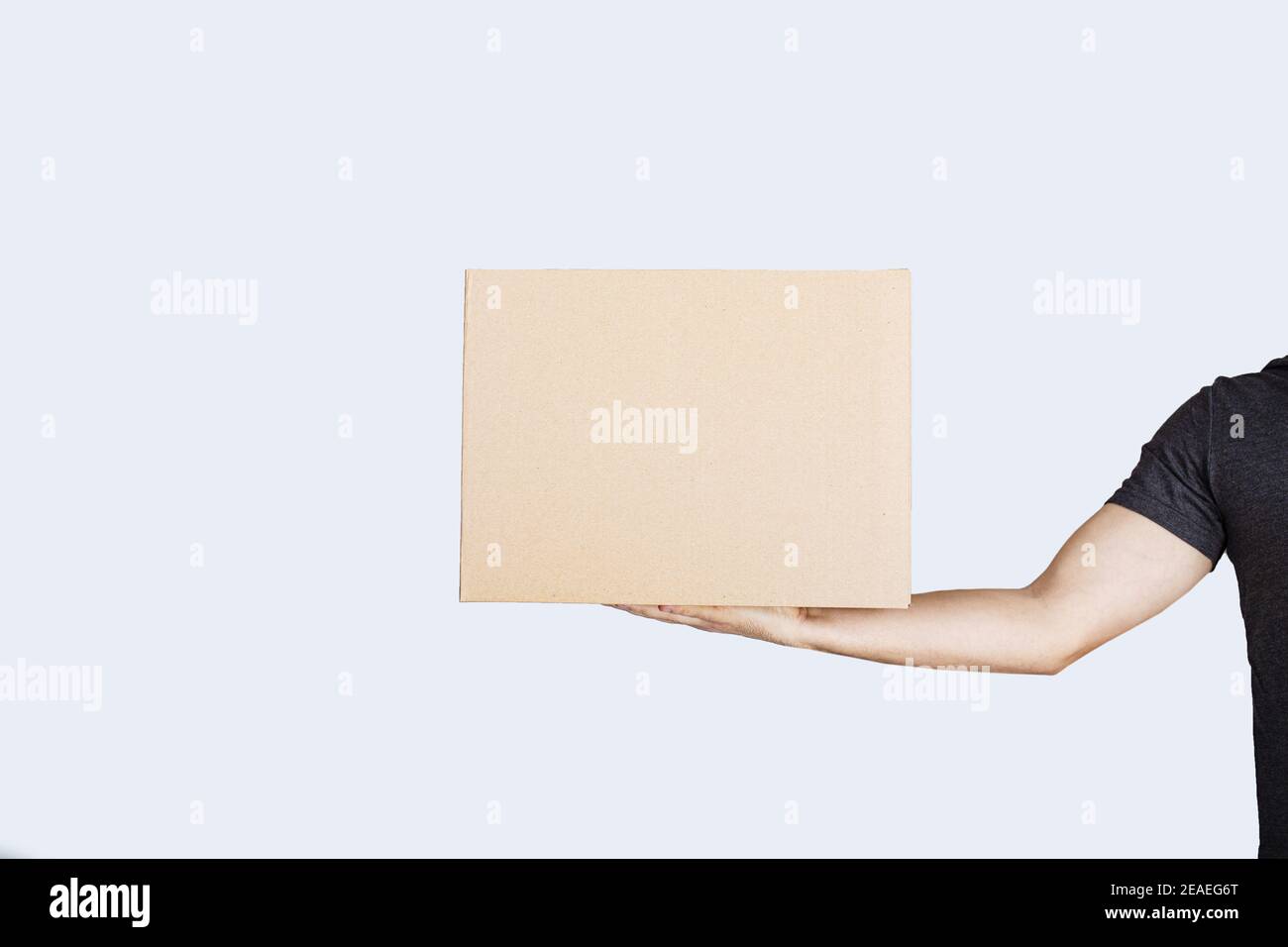 Delivery Man hand holding package box isolated on white background ...