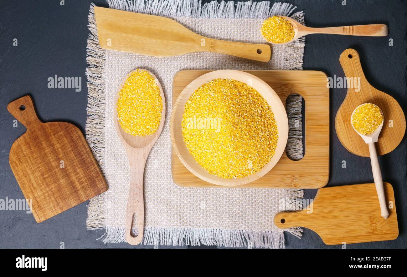 Golden corn groats. A healthy harvest of organic crops. top view flat ...