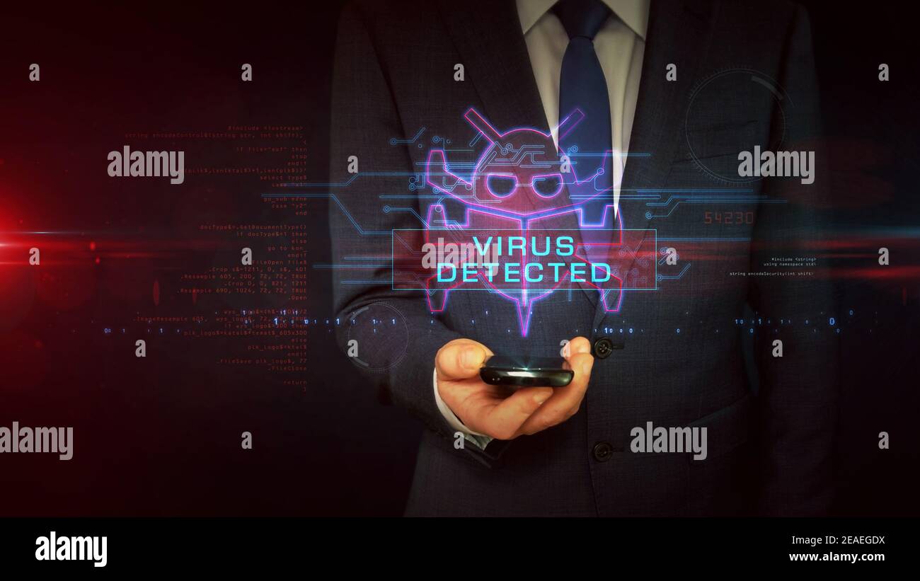 Virus detected symbol, mobile and computer protection, cyber attack ...