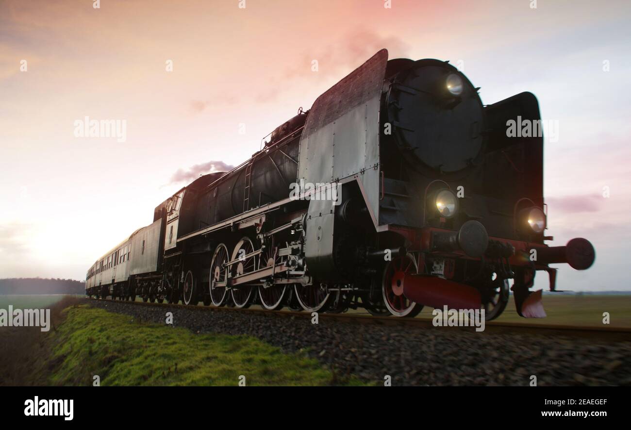 Retro smoky steam locomotive. Old passenger train on the former railway ...