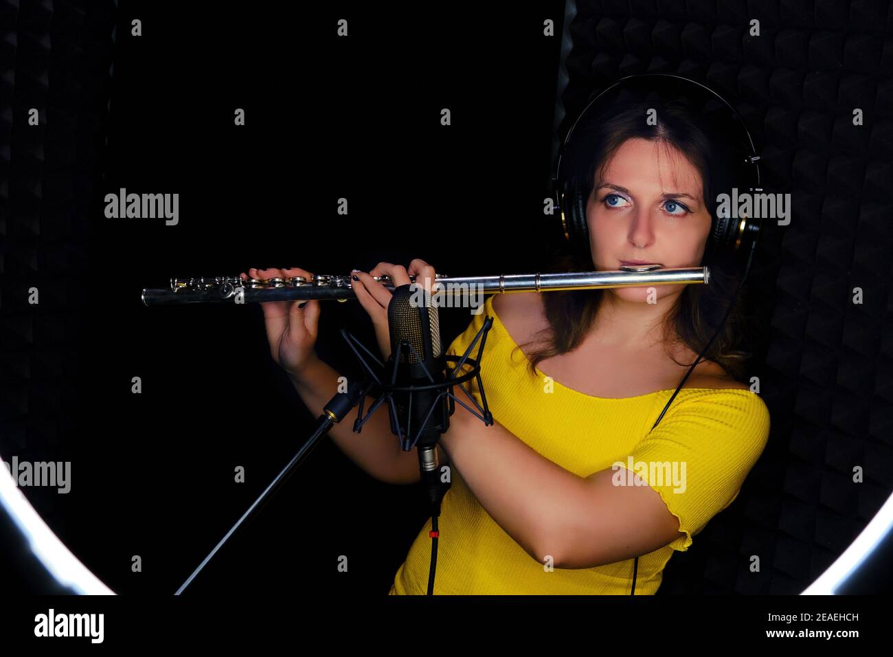 Record wind musical instruments with a professional microphone, black ...