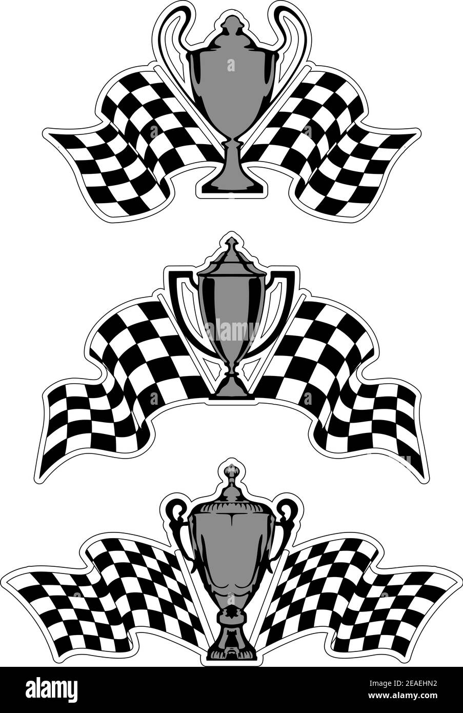 Racing sport awards and trophies with checkered flags isolated on white ...