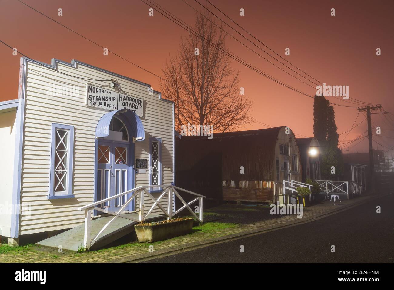 Historic buildings on a misty night. The Northern Steamship Company ...