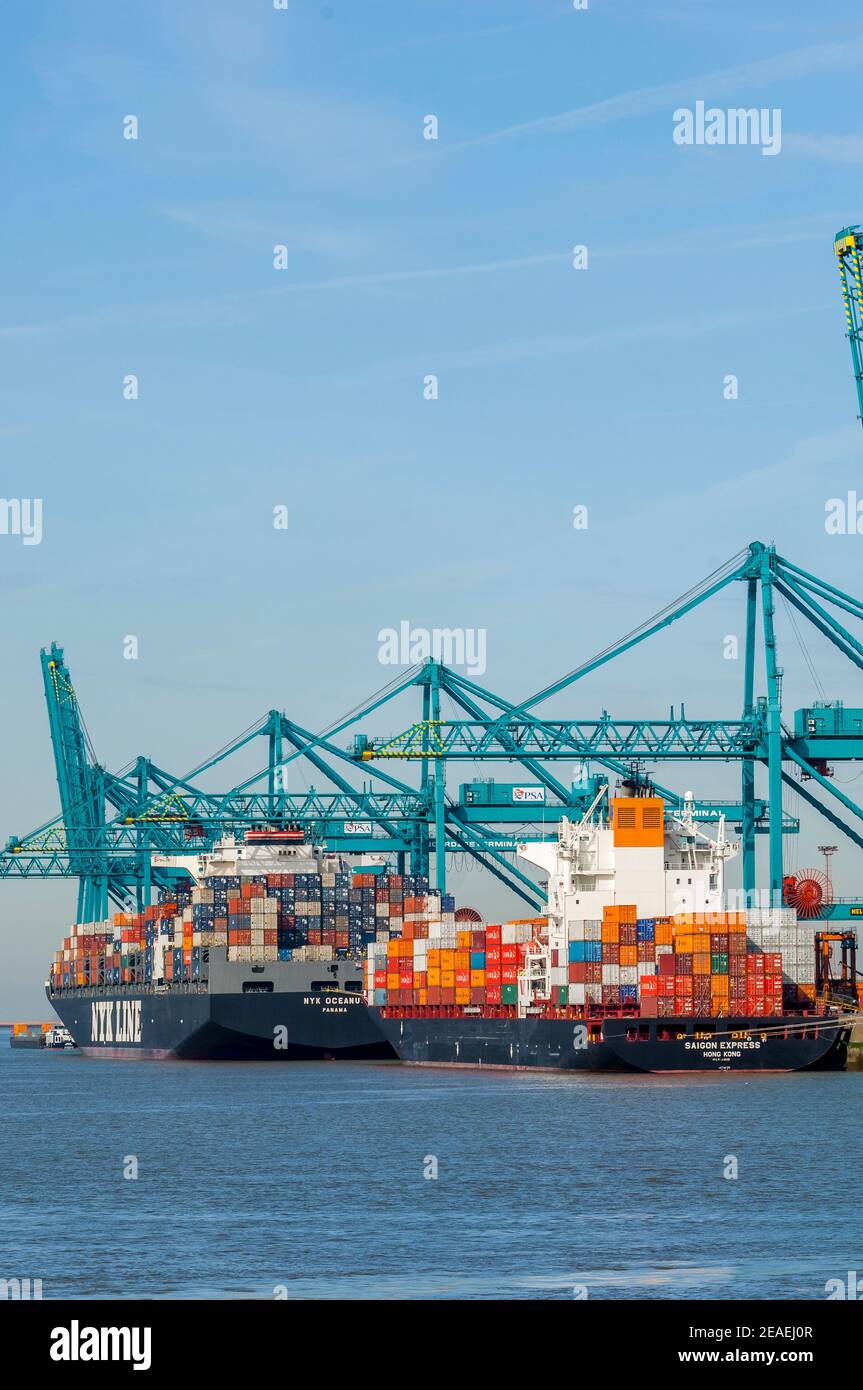 Container ship at the port of Antwerp Stock Photo - Alamy