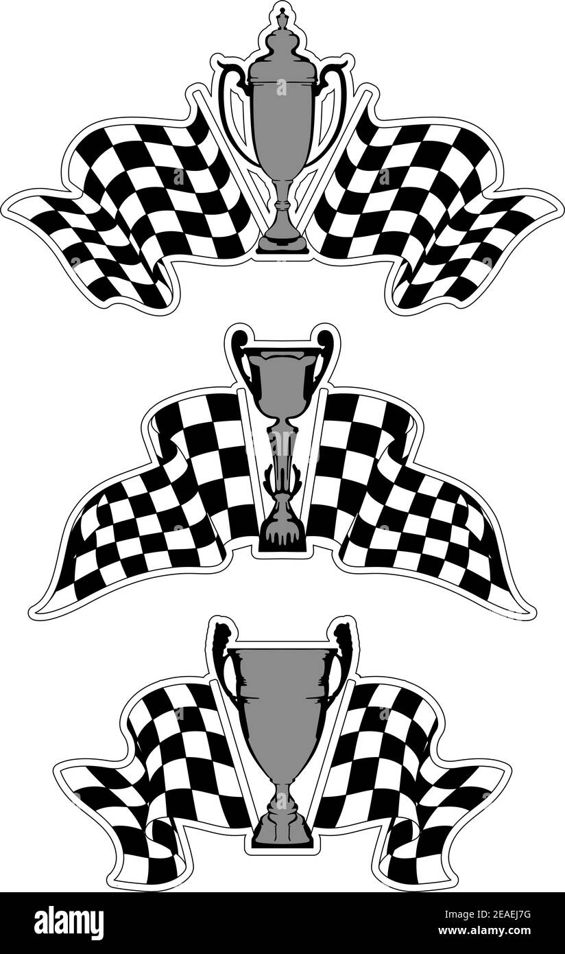 Racing sport emblems with checkered flags and trophies Stock Vector ...