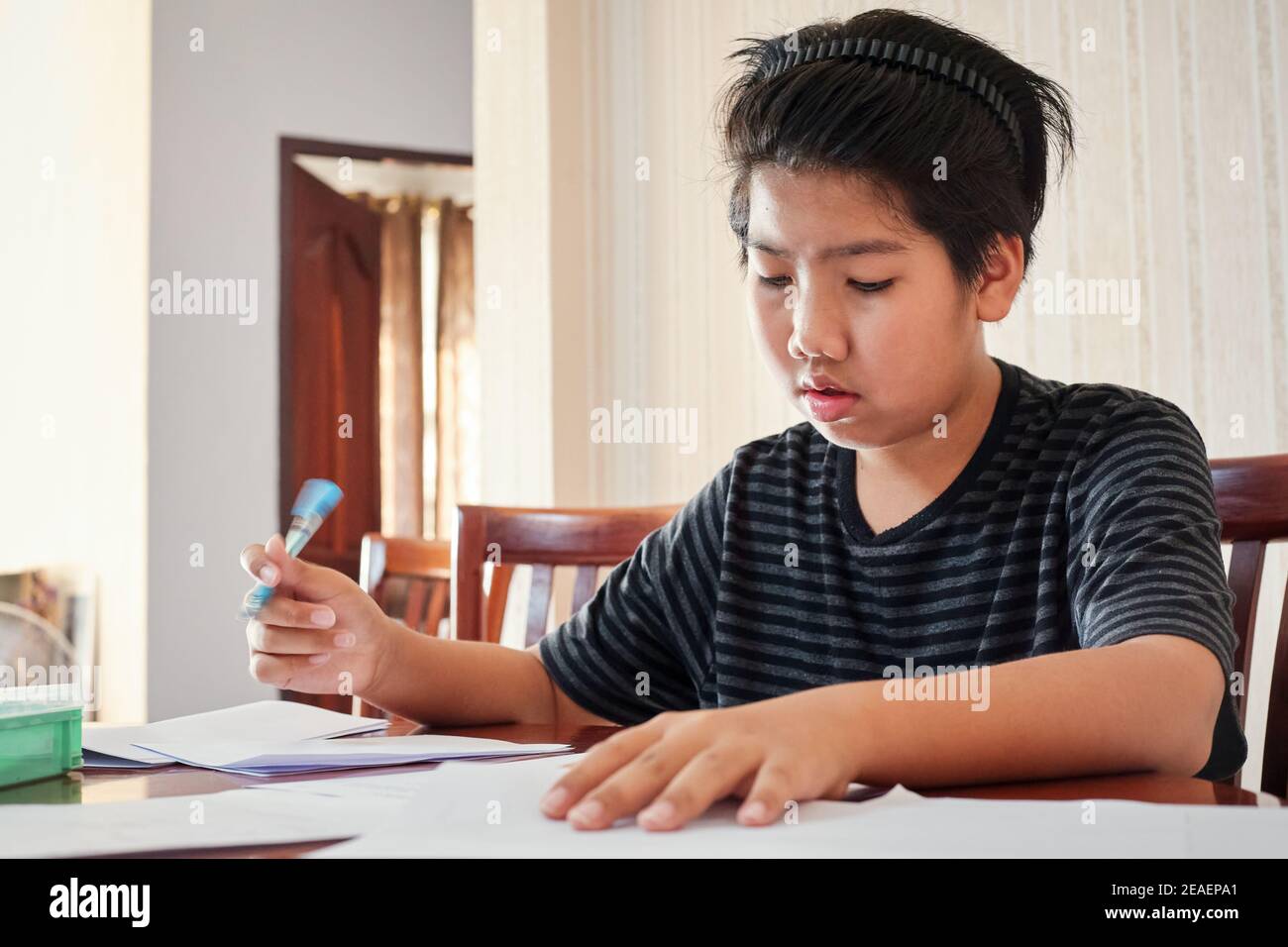 The boy was concentrating on his work at home school Stock Photo - Alamy