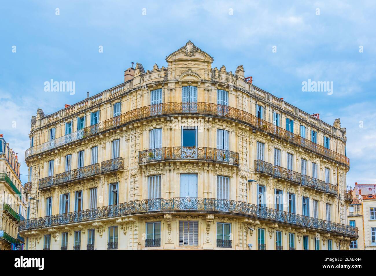Facades of houses in the old center of Montpellier, France Stock Photo ...