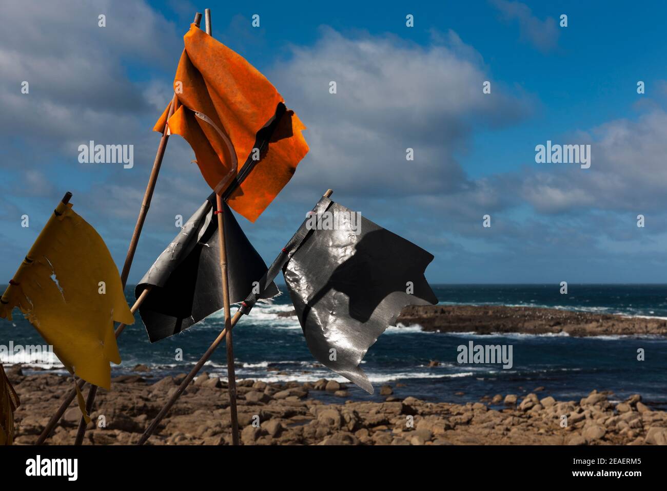 Marker flags for crab pots ashore at Sennen Cove, West Penwith ...