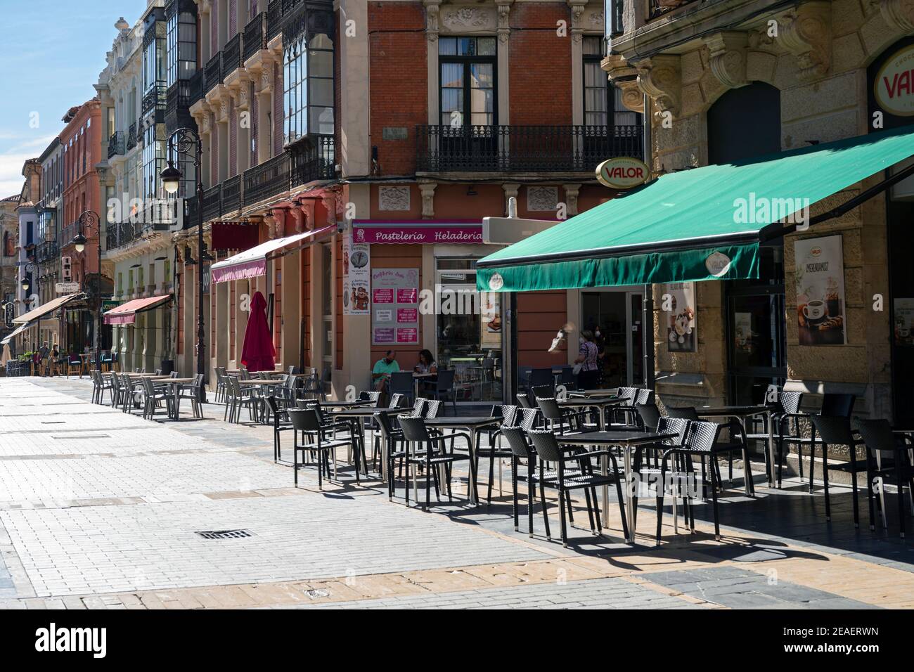 Europe, Spain, Leon, Traditional architecture on Calle Ancha with ...