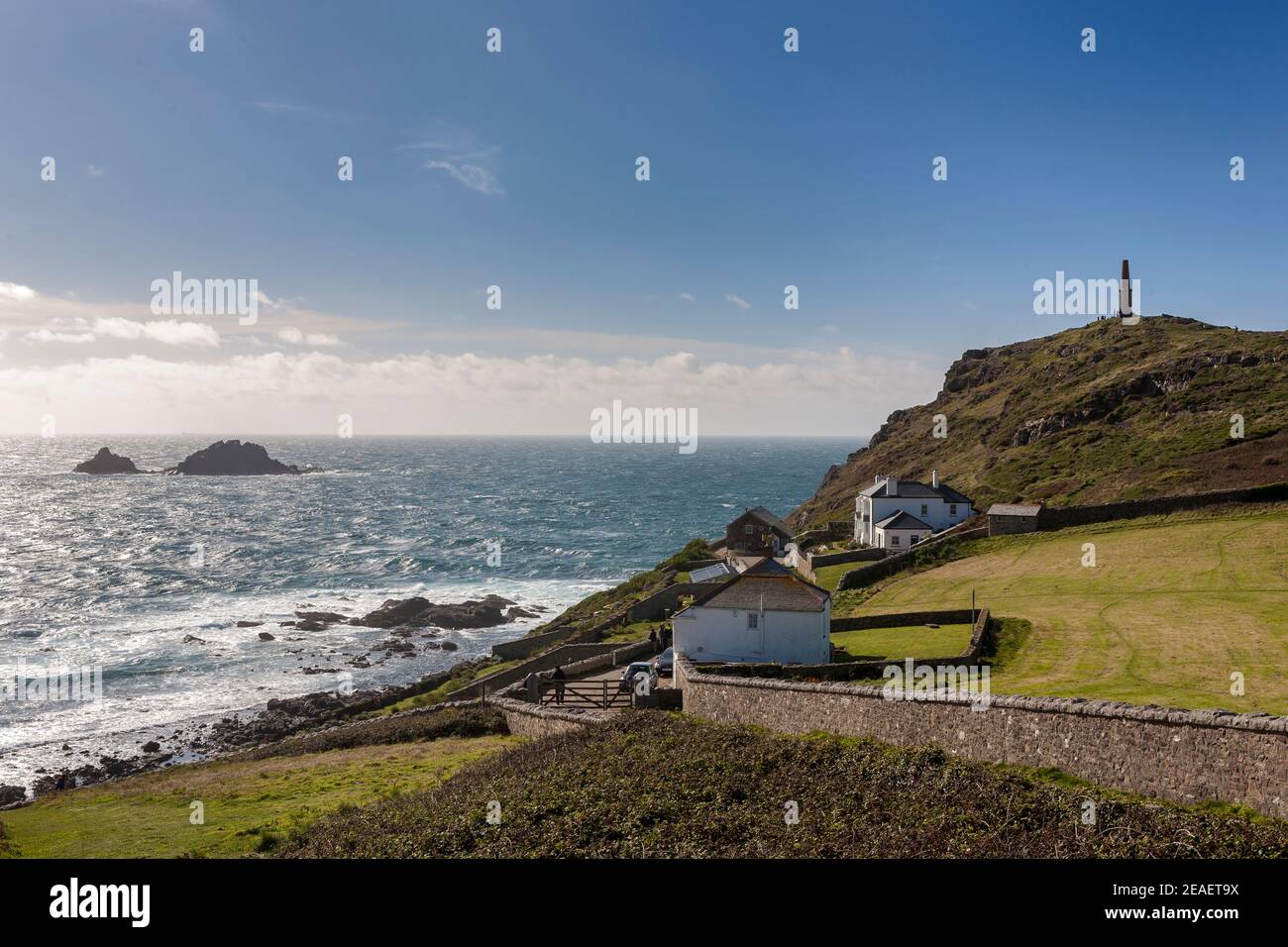 Cape Cornwall with its prominent mine chimney-stack, West Penwith ...