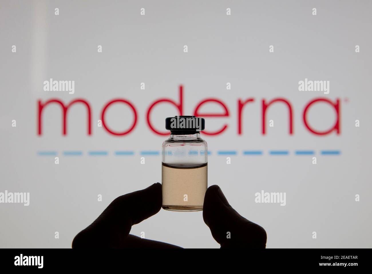 OXFORD, UK - February 2020: A covid vaccine vial against the moderna ...