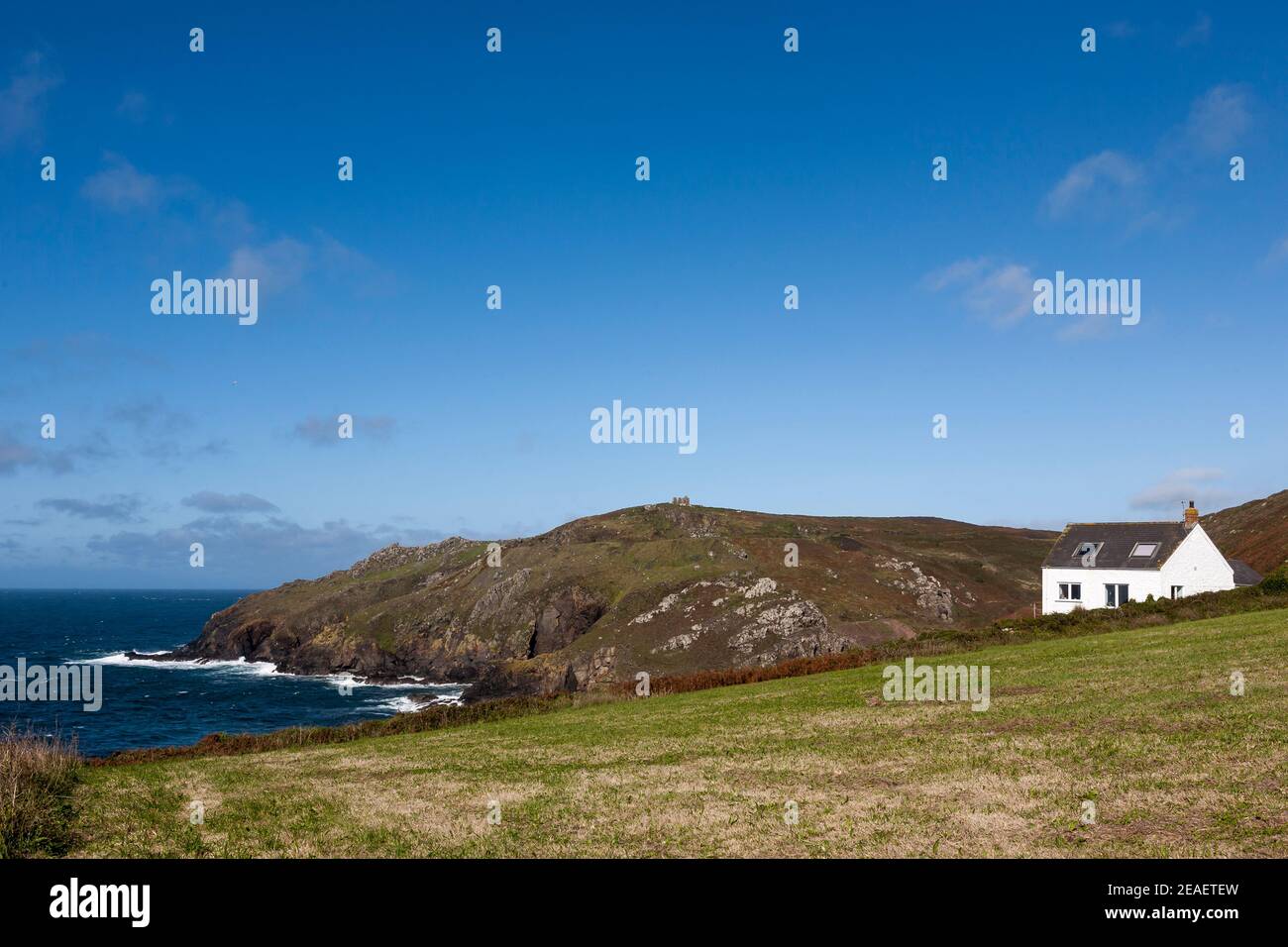 Lonely house at Porth Ledden and Kenidjack Cliff beyond: West Penwith ...